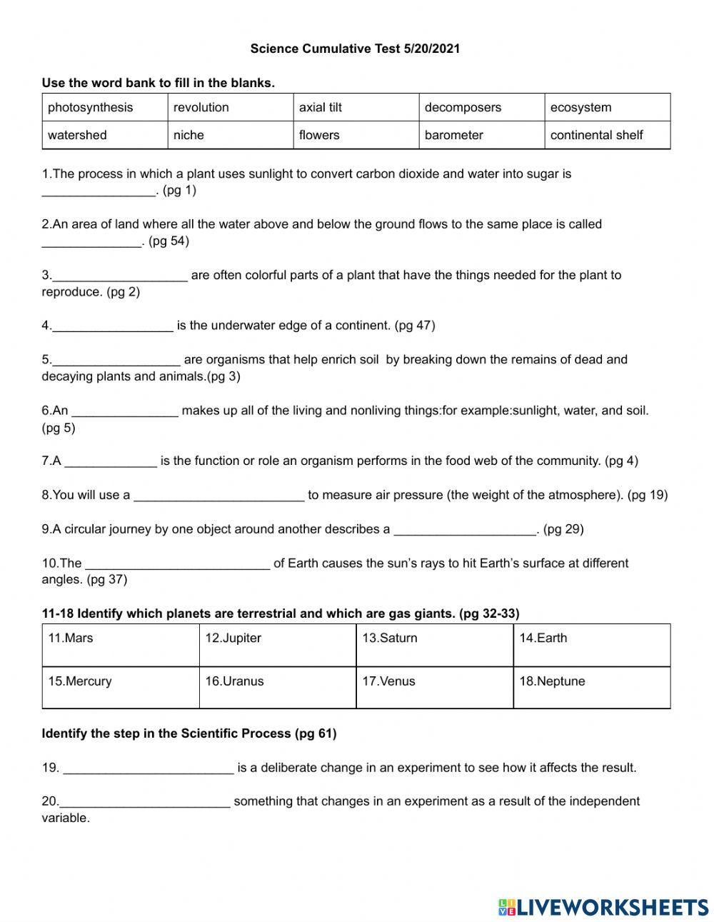 Science Cumulative Test 5-20-2021 worksheet | Live Worksheets
