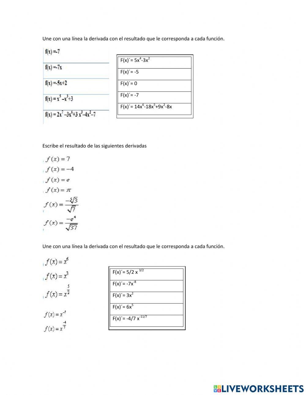 Derivadas basicas worksheet | Live Worksheets