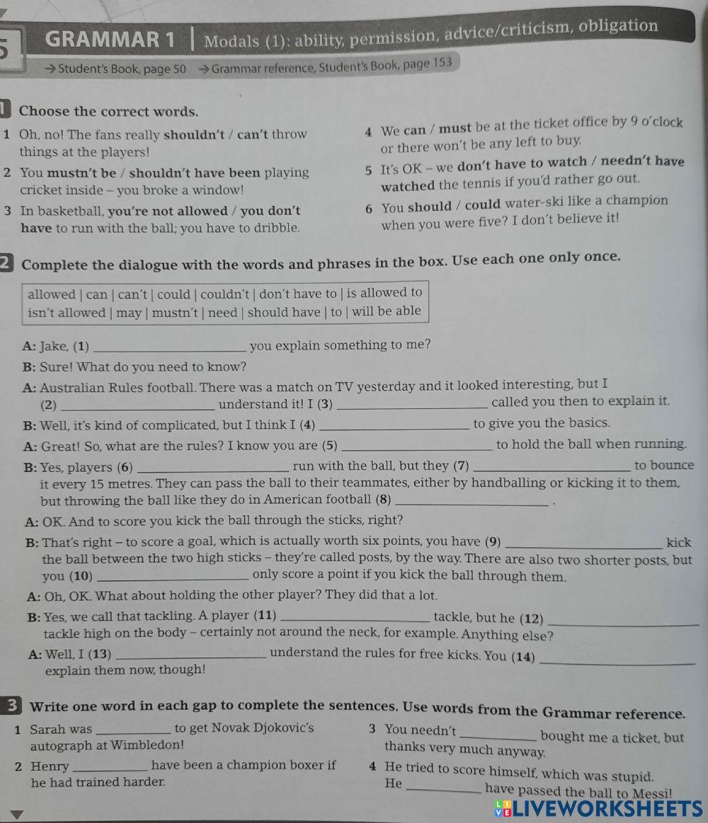 Modal Verbs I (Unit 5) online exercise for | Live Worksheets