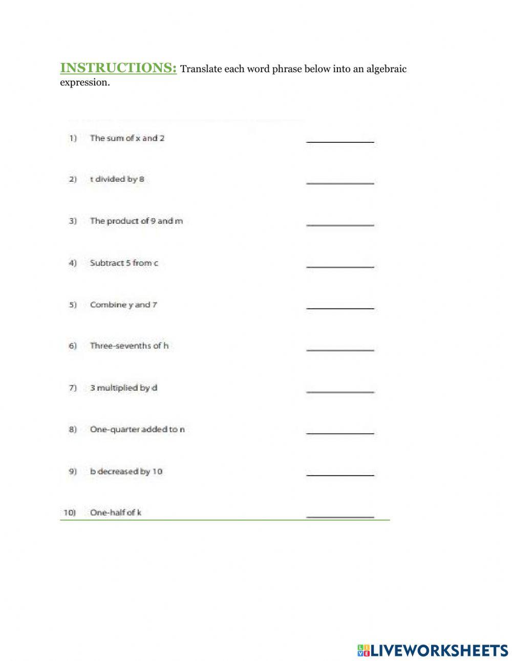 Translating Alg… | Free Interactive Worksheets | 5013136