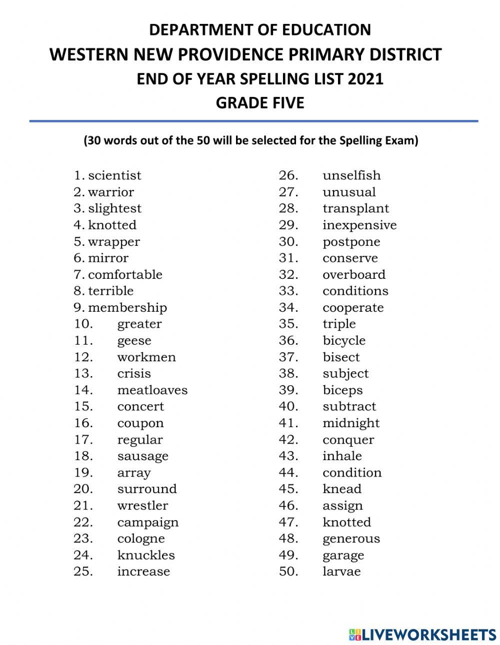 Language - List Words for Exam worksheet | Live Worksheets
