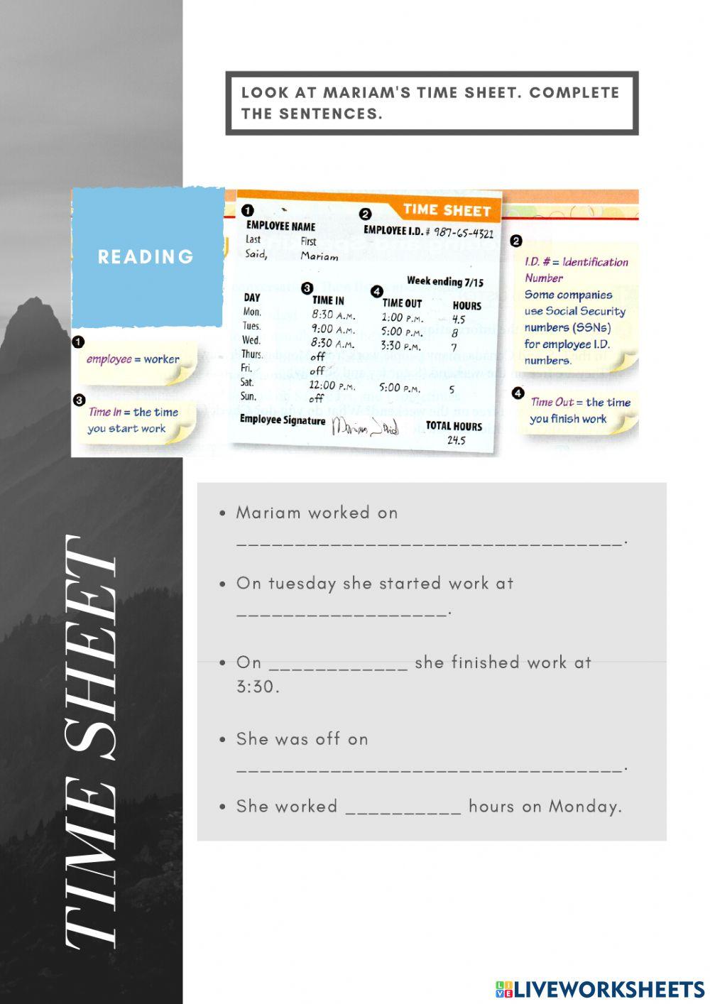 1000665 | Time Sheet | gabriel_rodas | LiveWorksheets