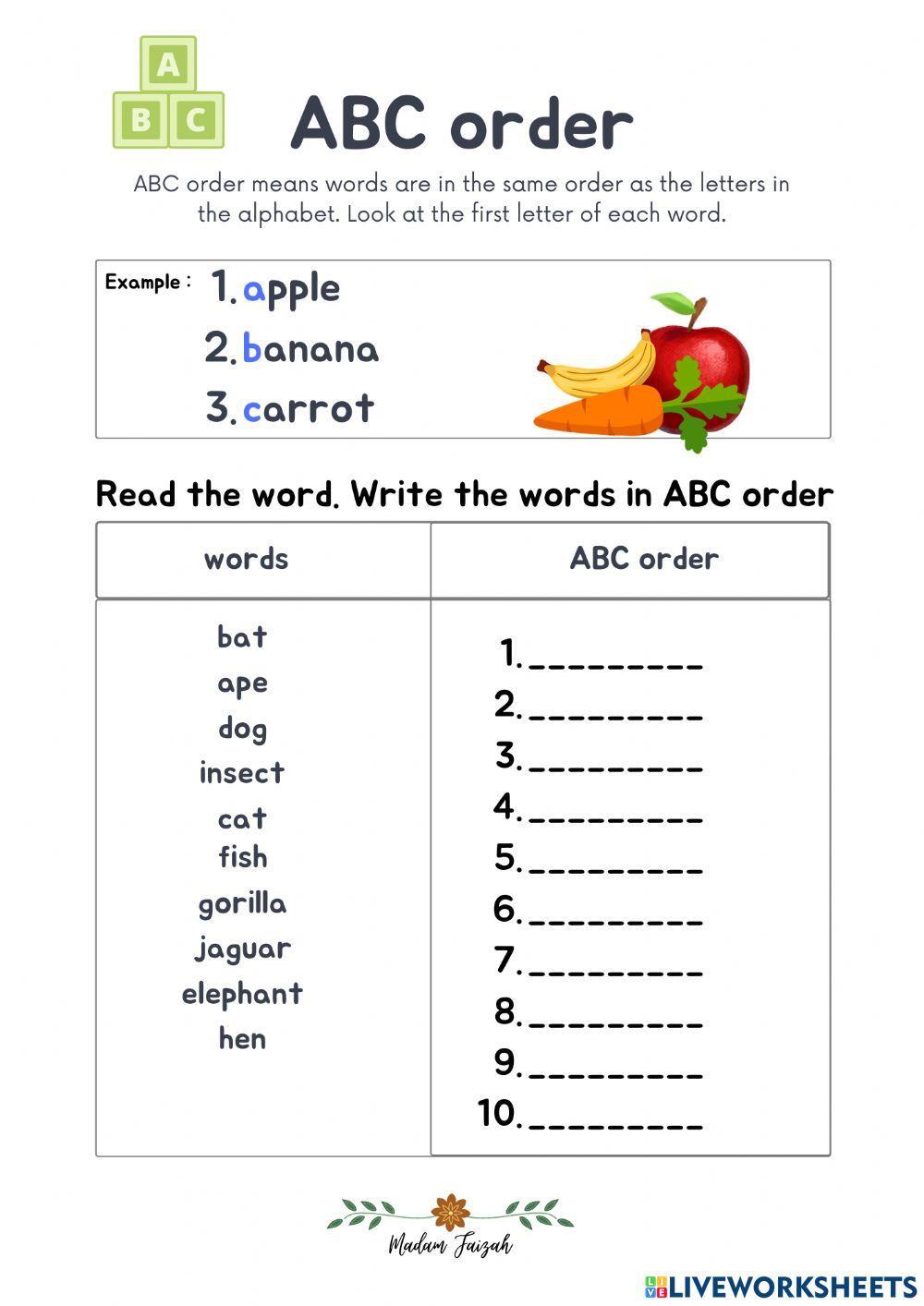 Abc order 1001033 | faizahfabs | Live Worksheets