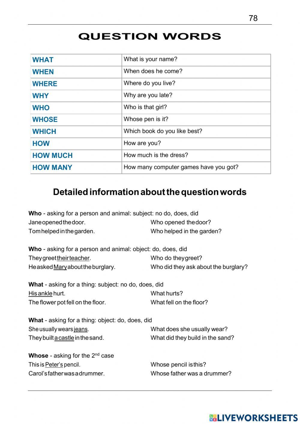 Lt-question words worksheet | Live Worksheets