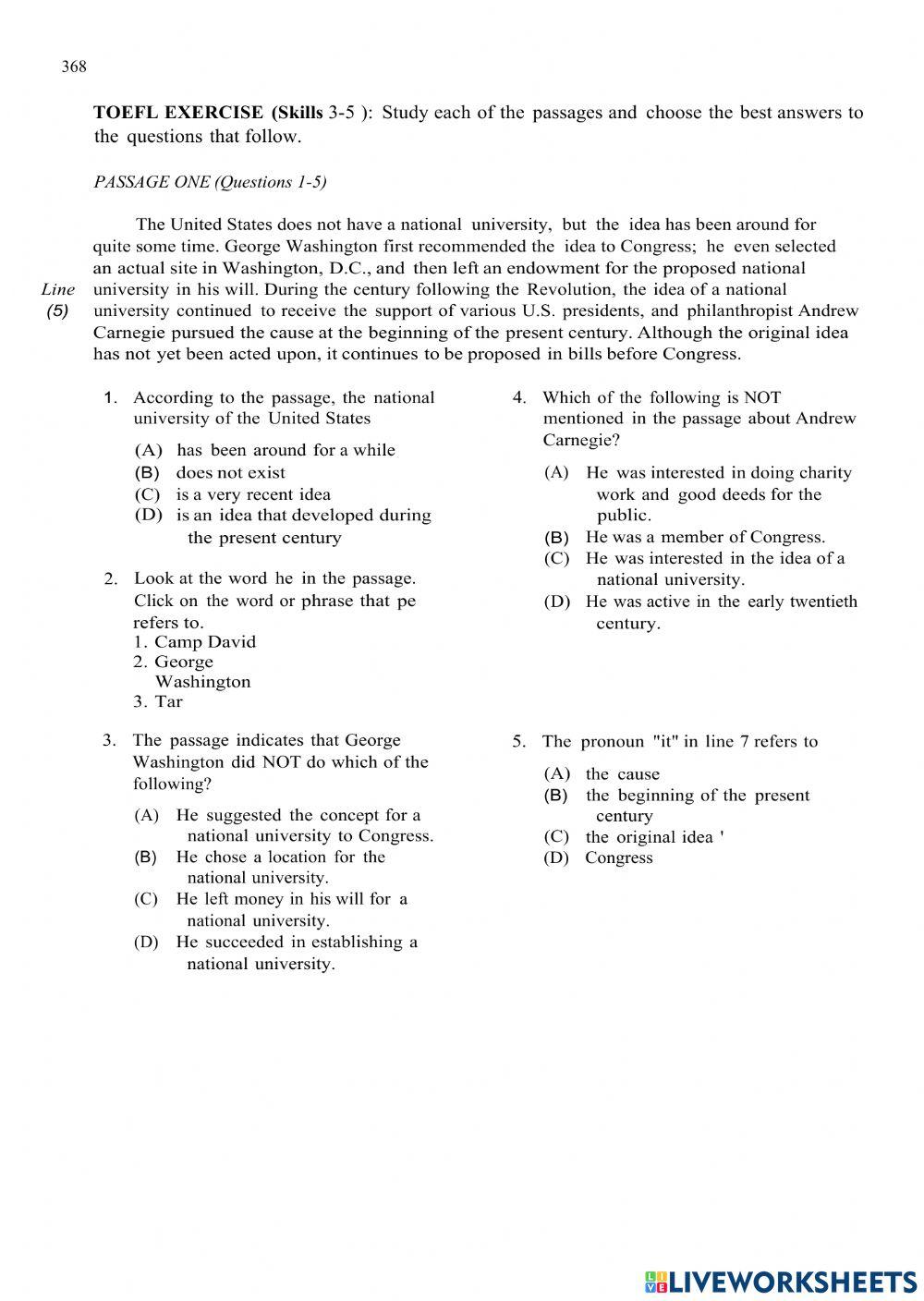 Toefl 3-5 worksheet | Live Worksheets