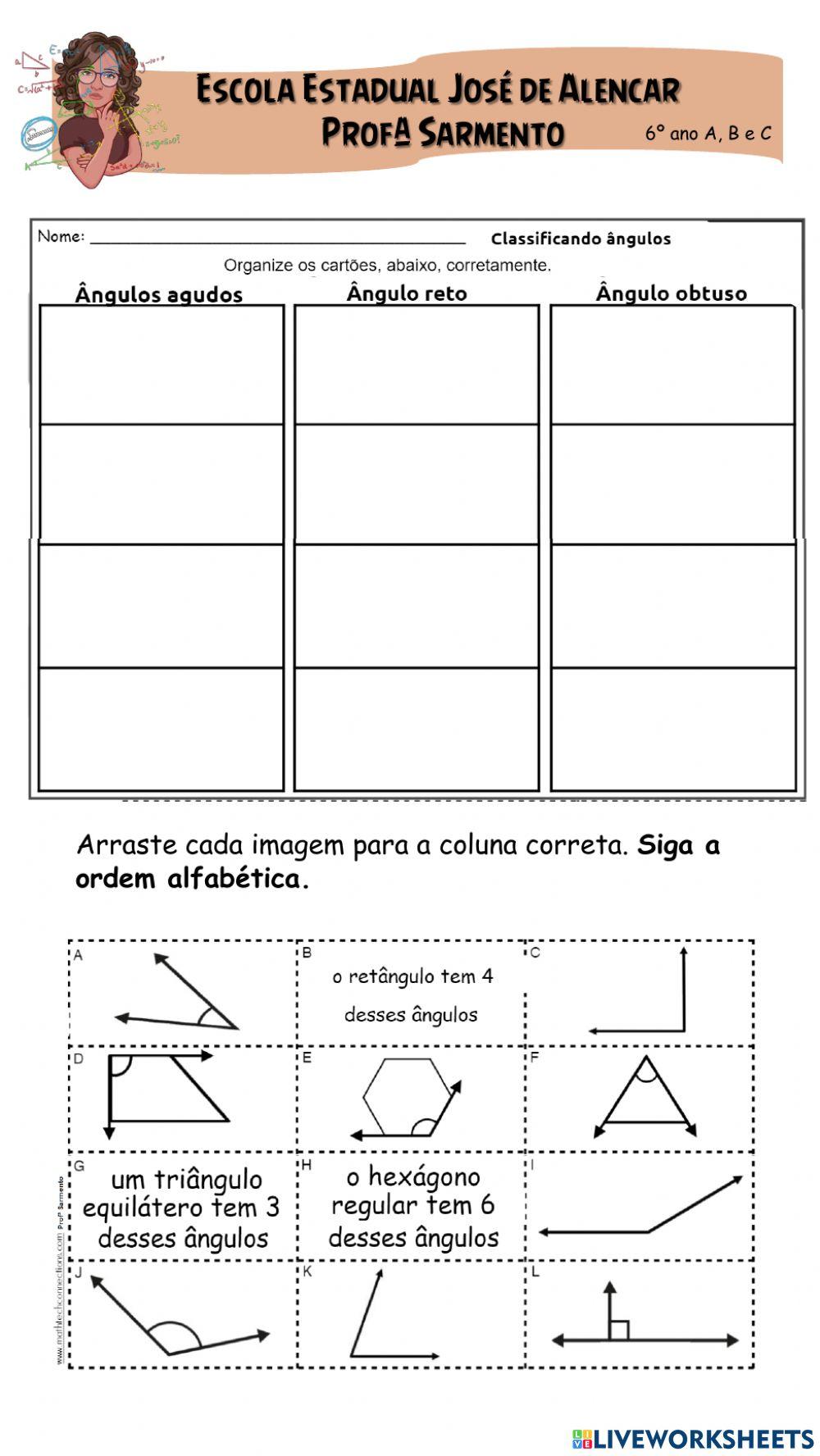 Classificando ângulos worksheet | Live Worksheets
