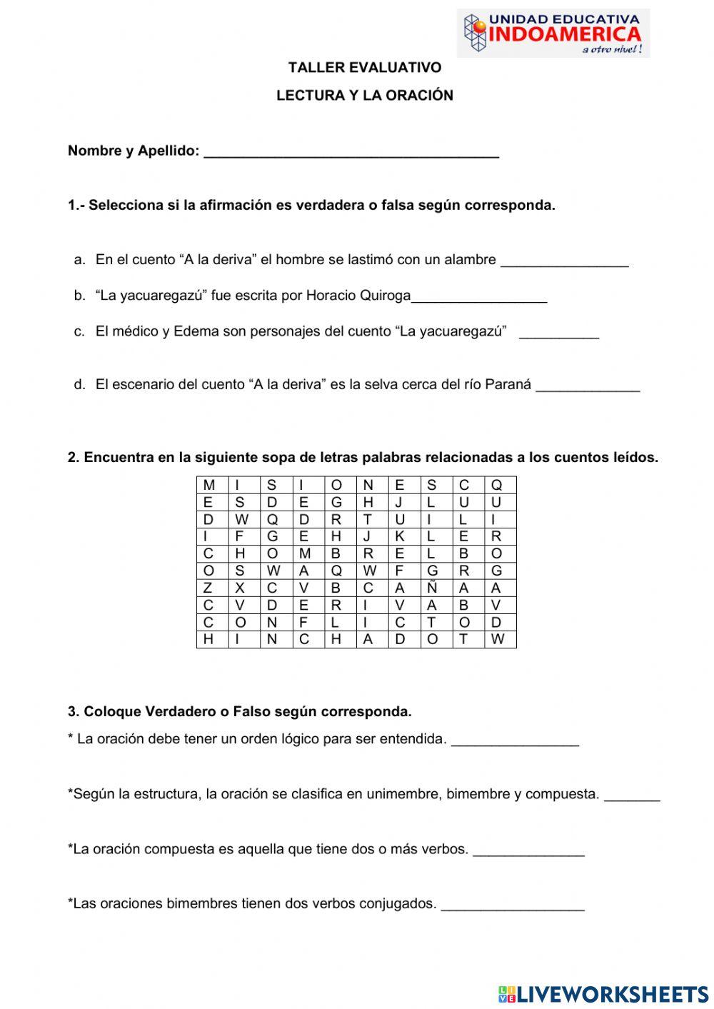 OCTAVO AÑO. CUENTOS Y ORACIÓN online exercise for | Live Worksheets