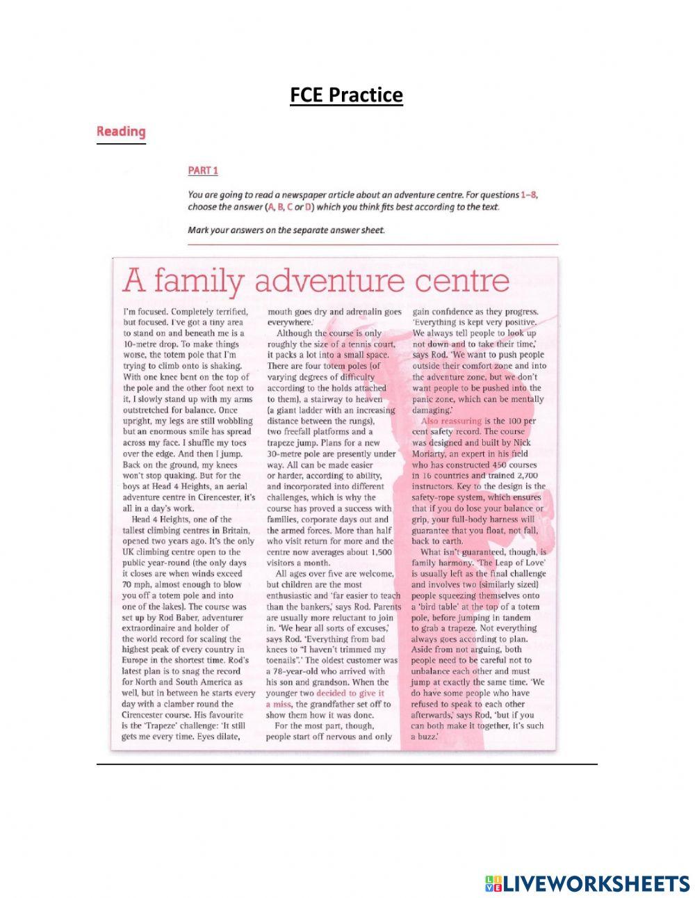 FCE READING AND USE OF ENGLISH PRACTICE online exercise for | Live ...