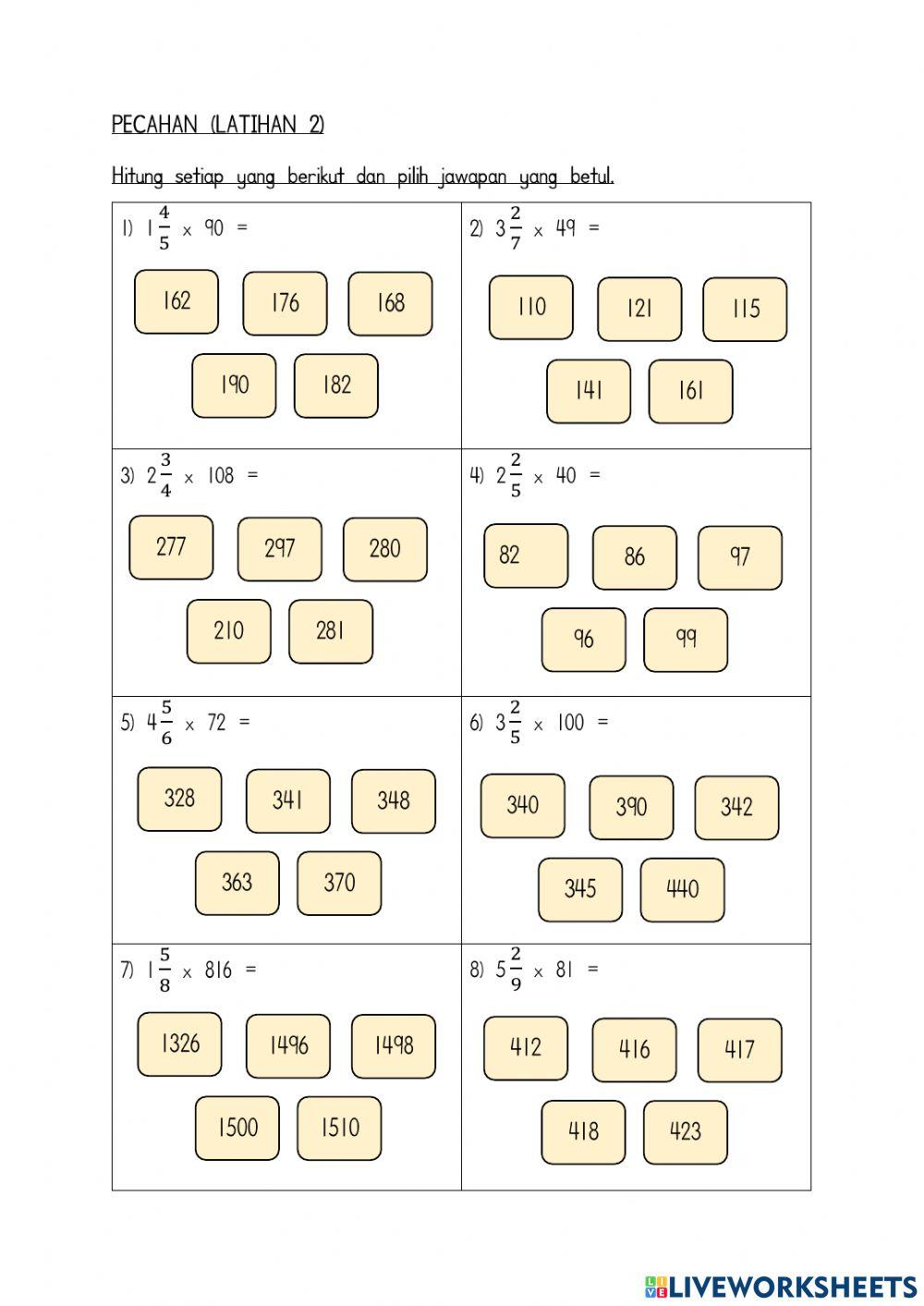Pecahan Tahun 5 - Latihan 2 Nombor Bercampur darab