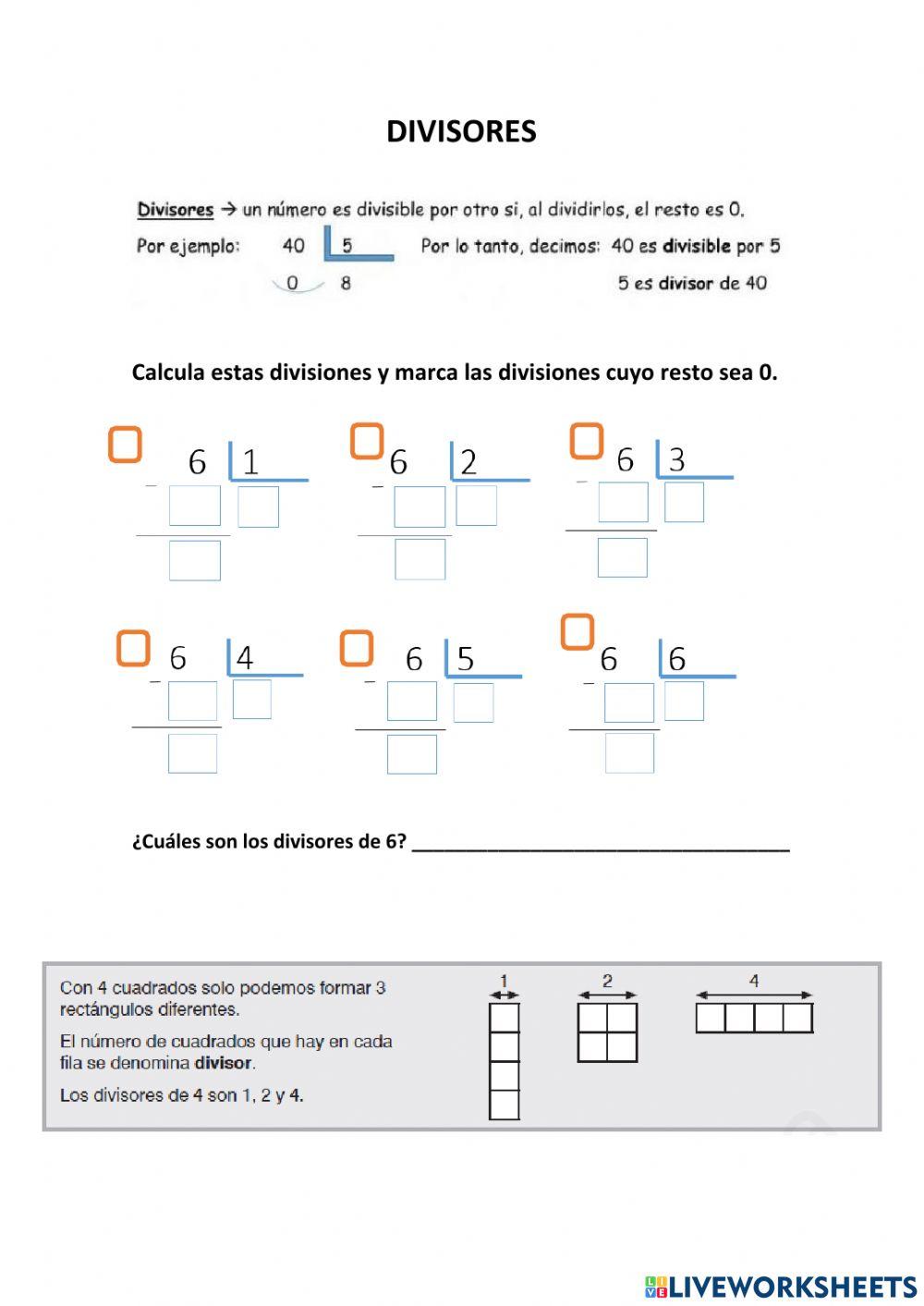 Divisores Matemáticas activity | Live Worksheets
