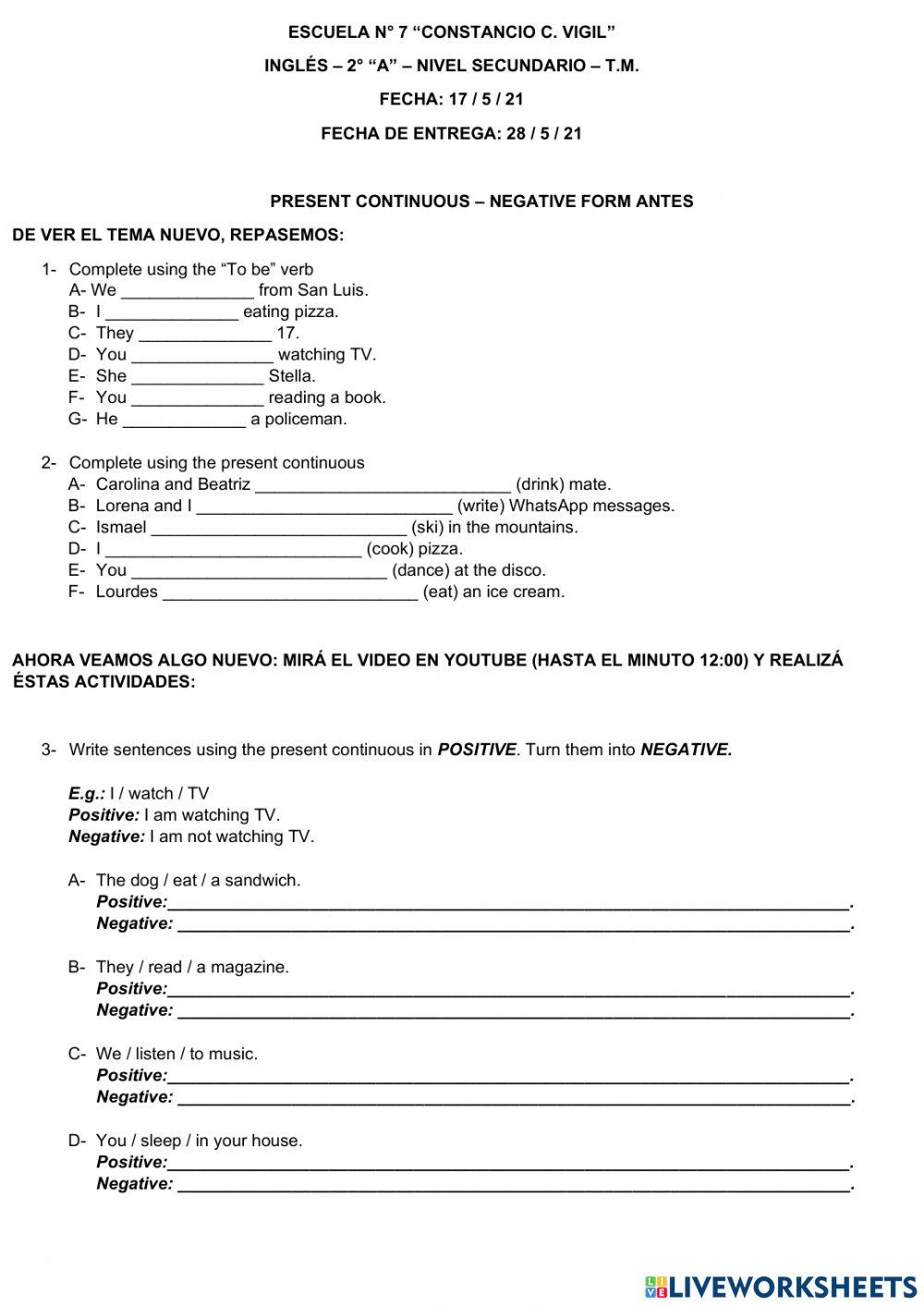 Present Continuous - Negative form interactive worksheet | Live Worksheets