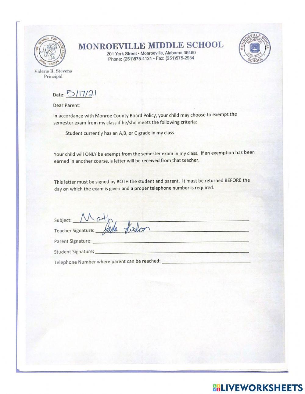 Second Semester Math Exemption Letter worksheet | Live Worksheets