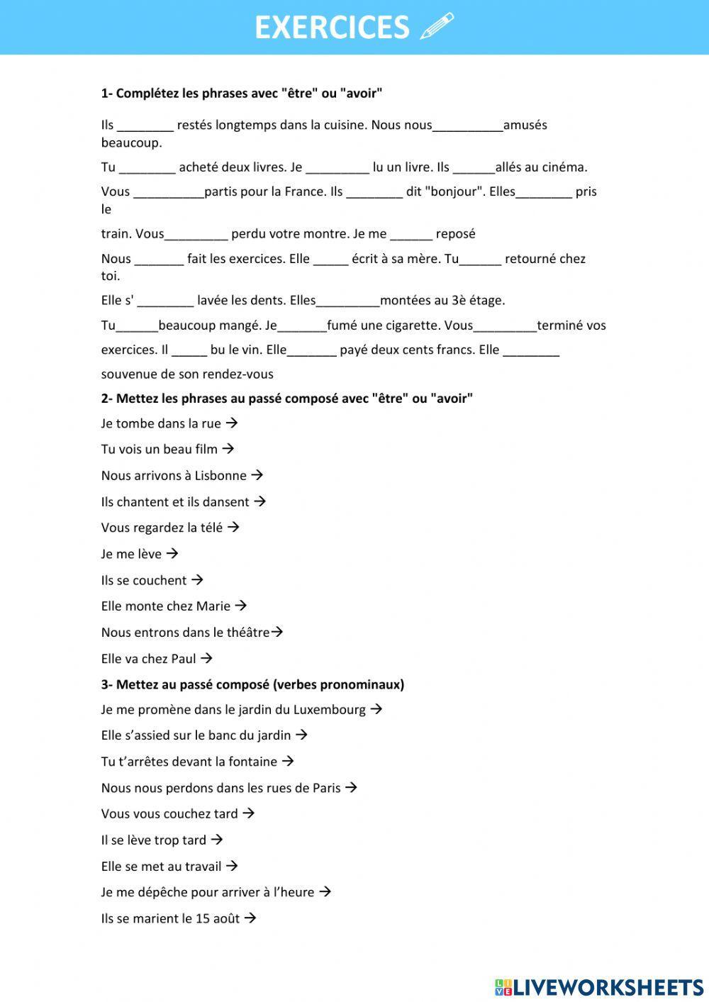 Passé composé | Free Interactive Worksheets | 1007343