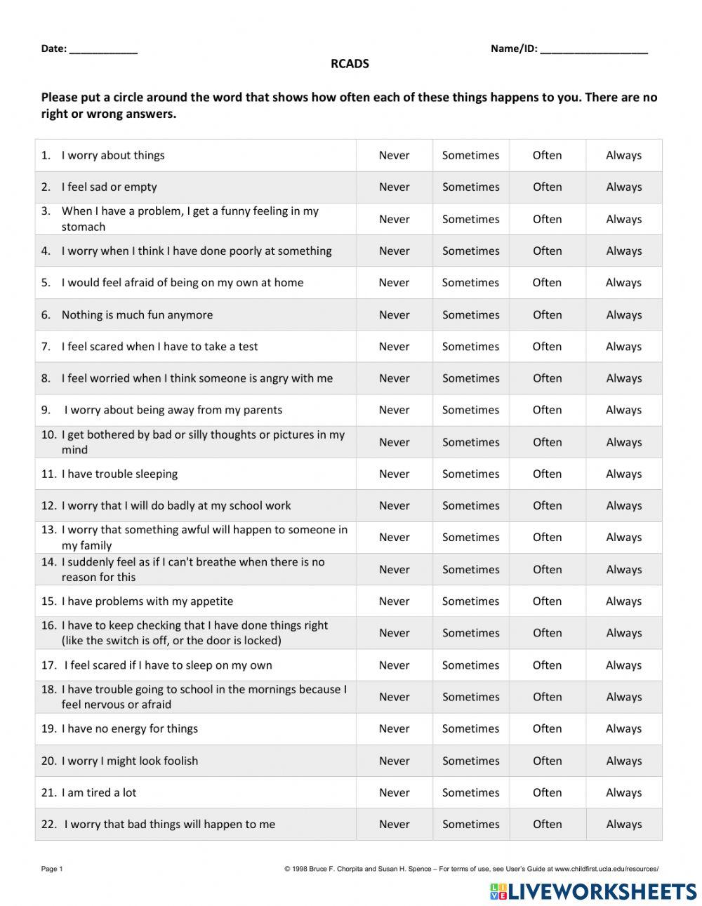 RCADS Worksheet online exercise for | Live Worksheets