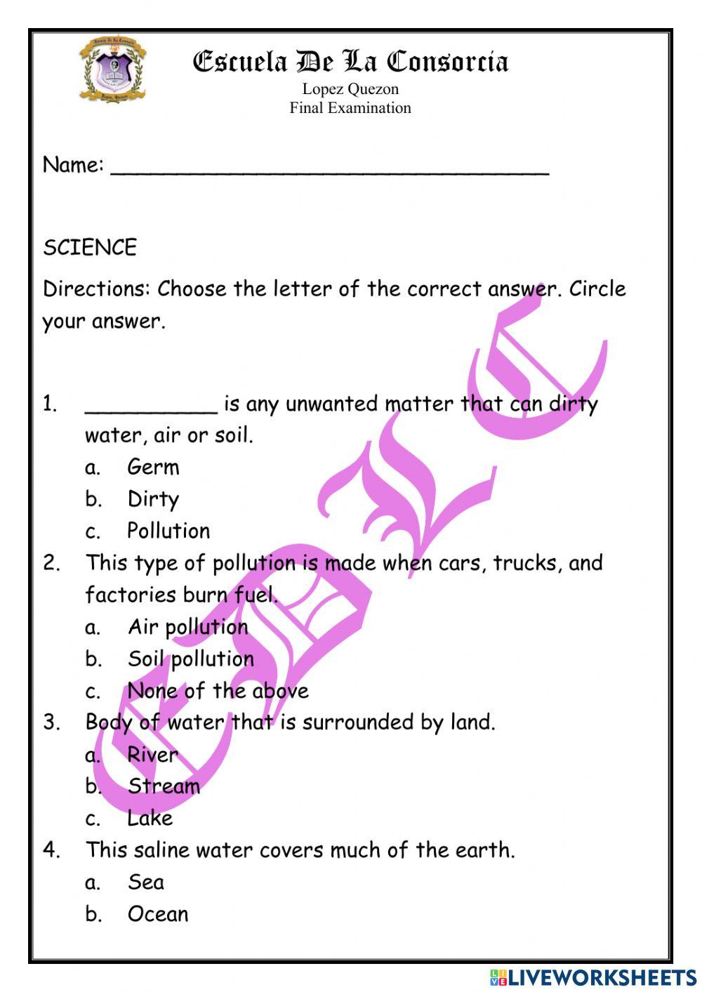 FINAL EXAMINATION (Science) worksheet | Live Worksheets