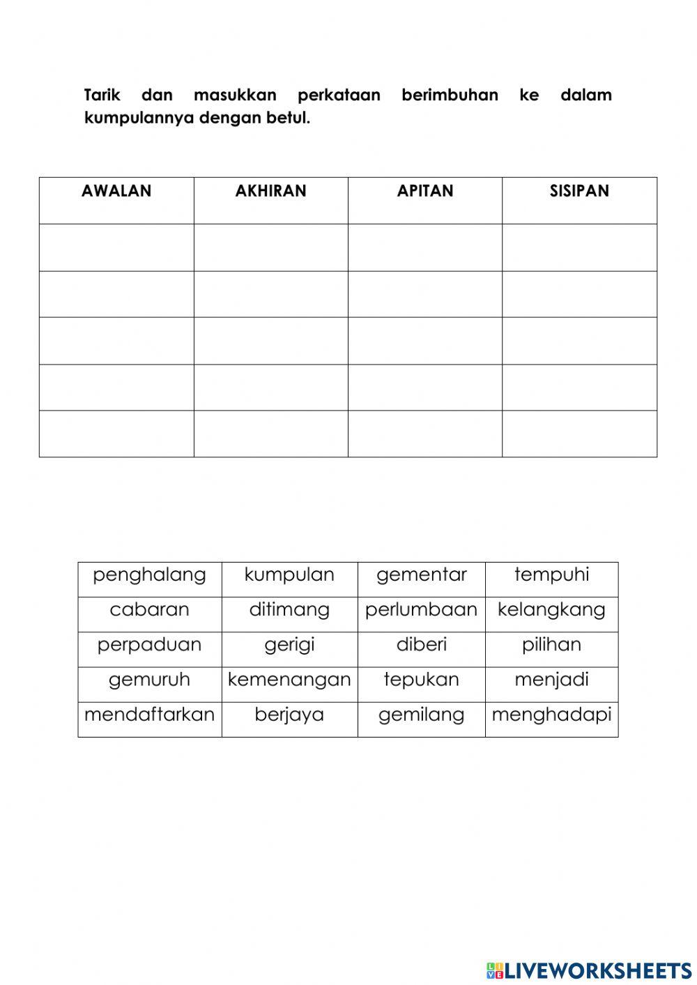 Perkataan berimbuhan online worksheet for 4-6 | Live Worksheets