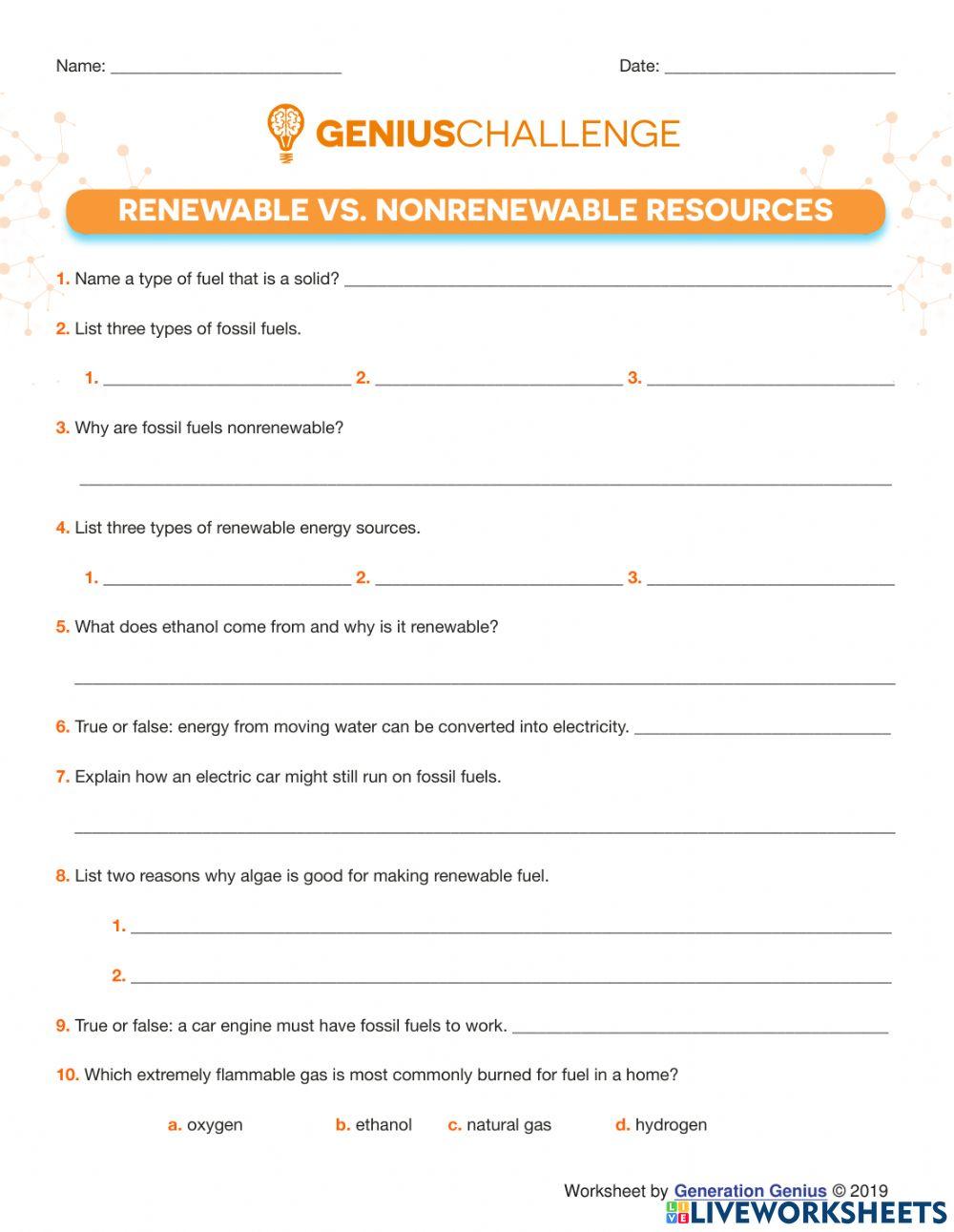 Renewable Non Renewable Resources Worksheet