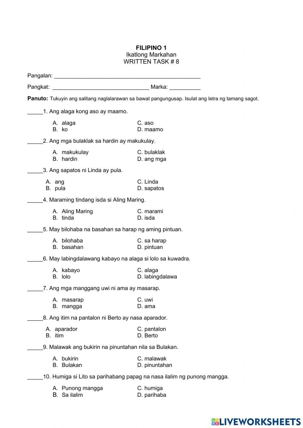 Filipino wt-8 3q worksheet | Live Worksheets
