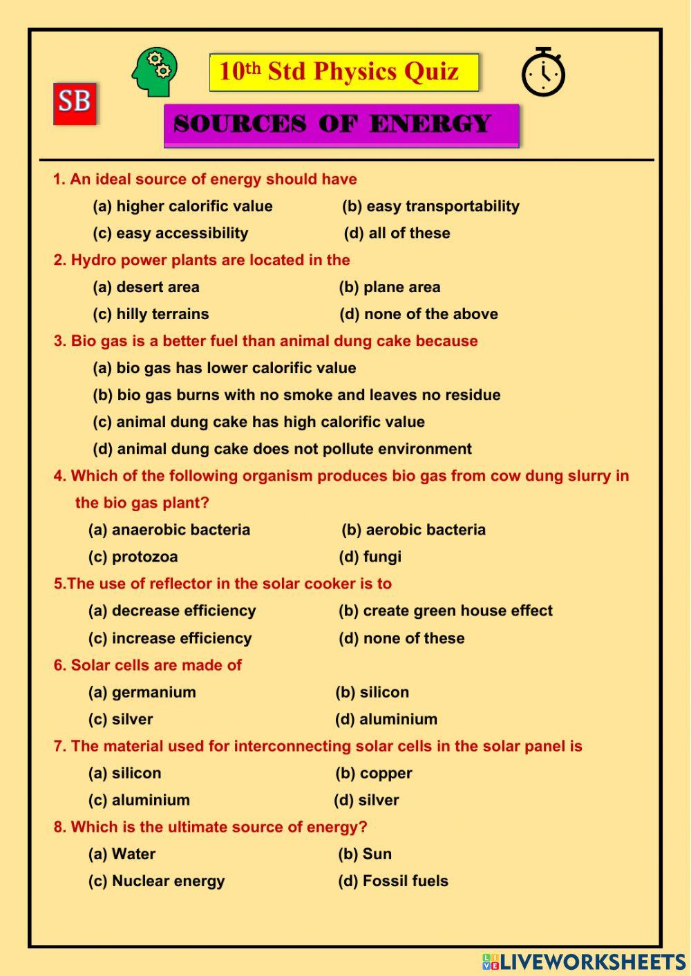 10th Physics quiz-Sources of energy online exercise for | Live Worksheets