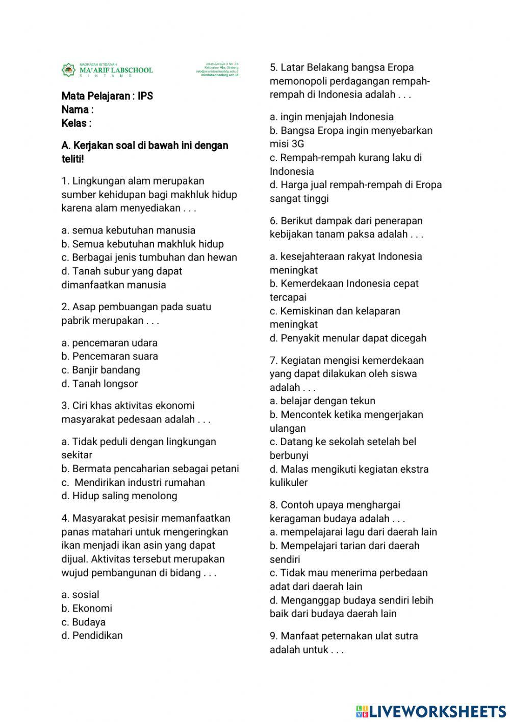 Pat ips kelas 5 genap worksheet | Live Worksheets