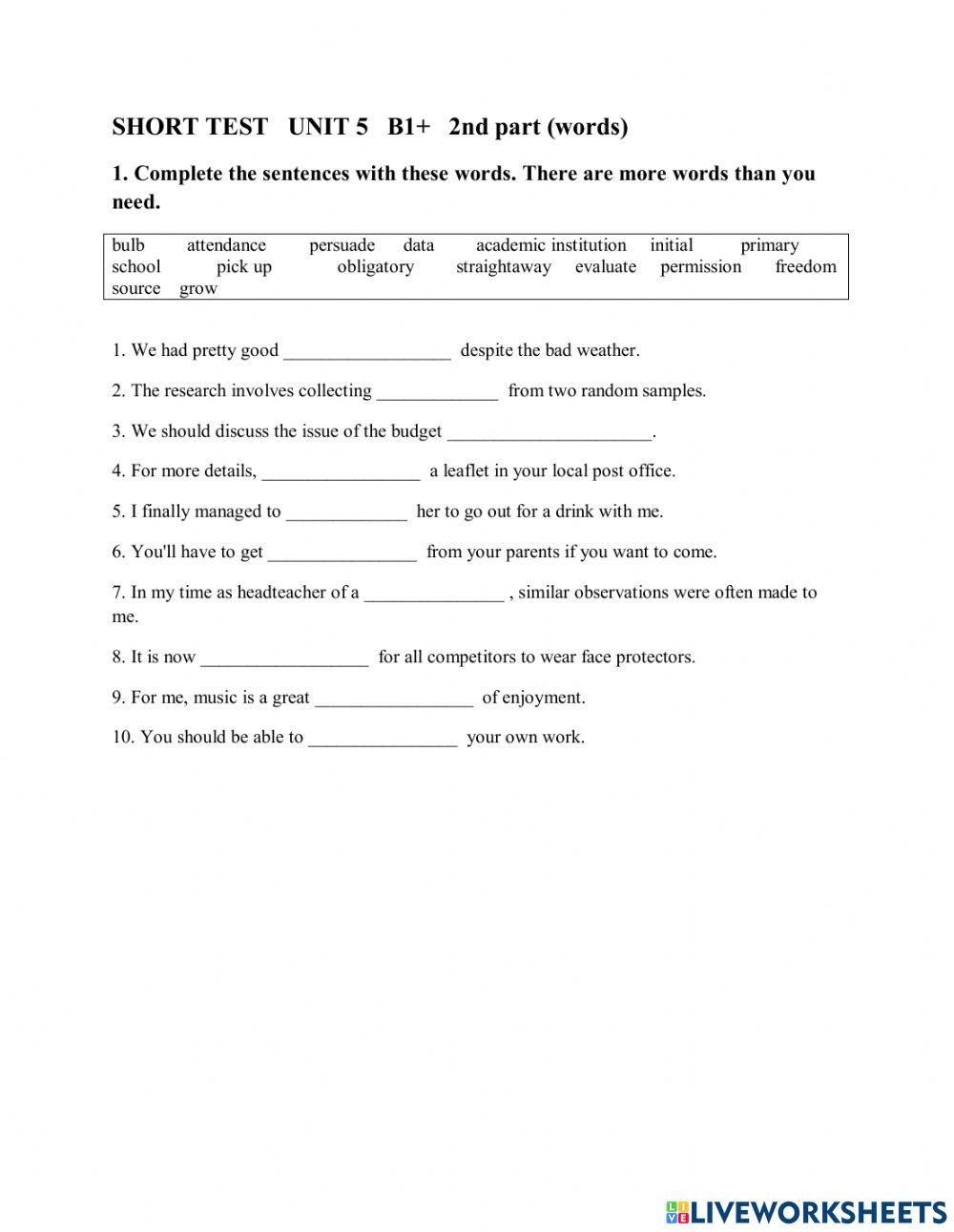 I hs Unit 5 2nd part words worksheet | Live Worksheets