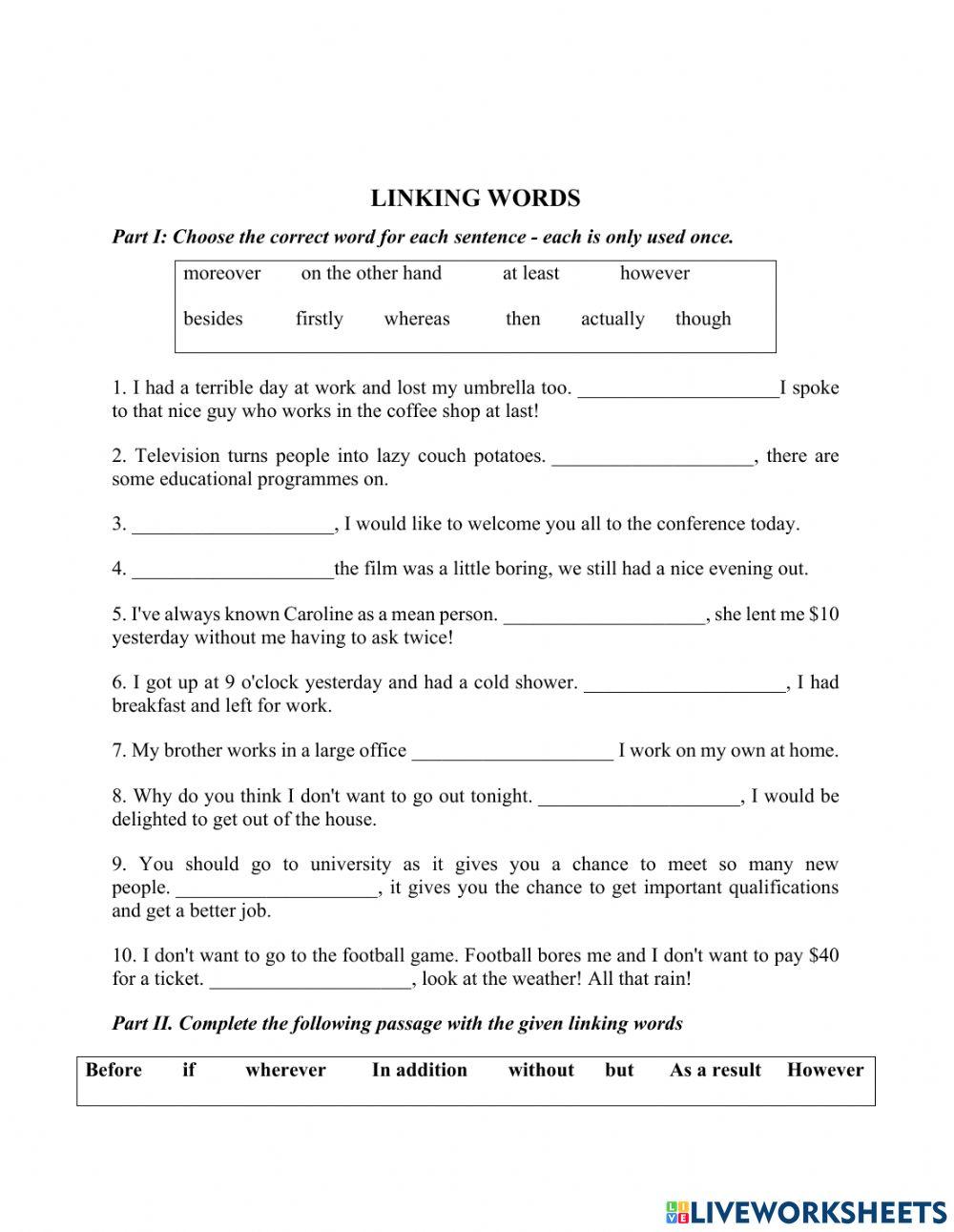 Impact 1 - Linking words worksheet | Live Worksheets