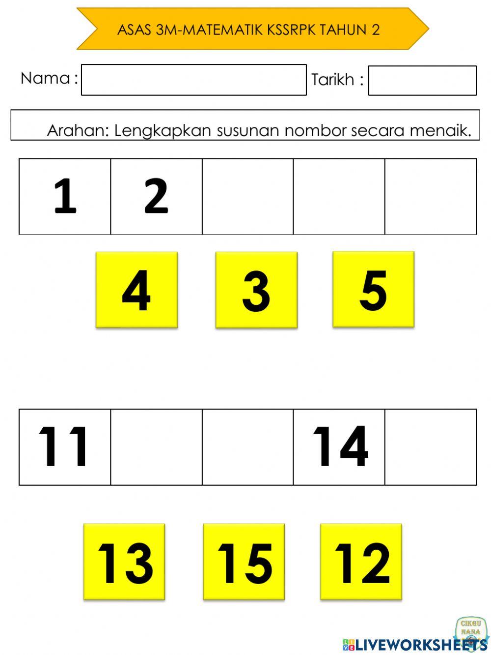 Susunan nombor menaik interactive worksheet | Live Worksheets