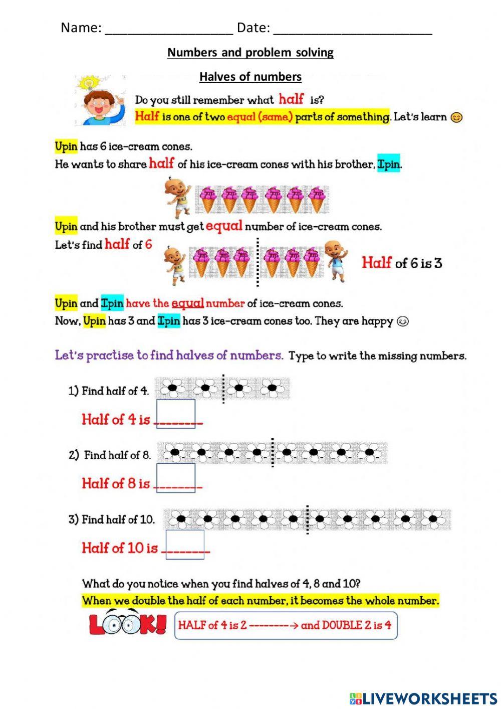 Halves of numbe… | Free Interactive Worksheets | 1010790