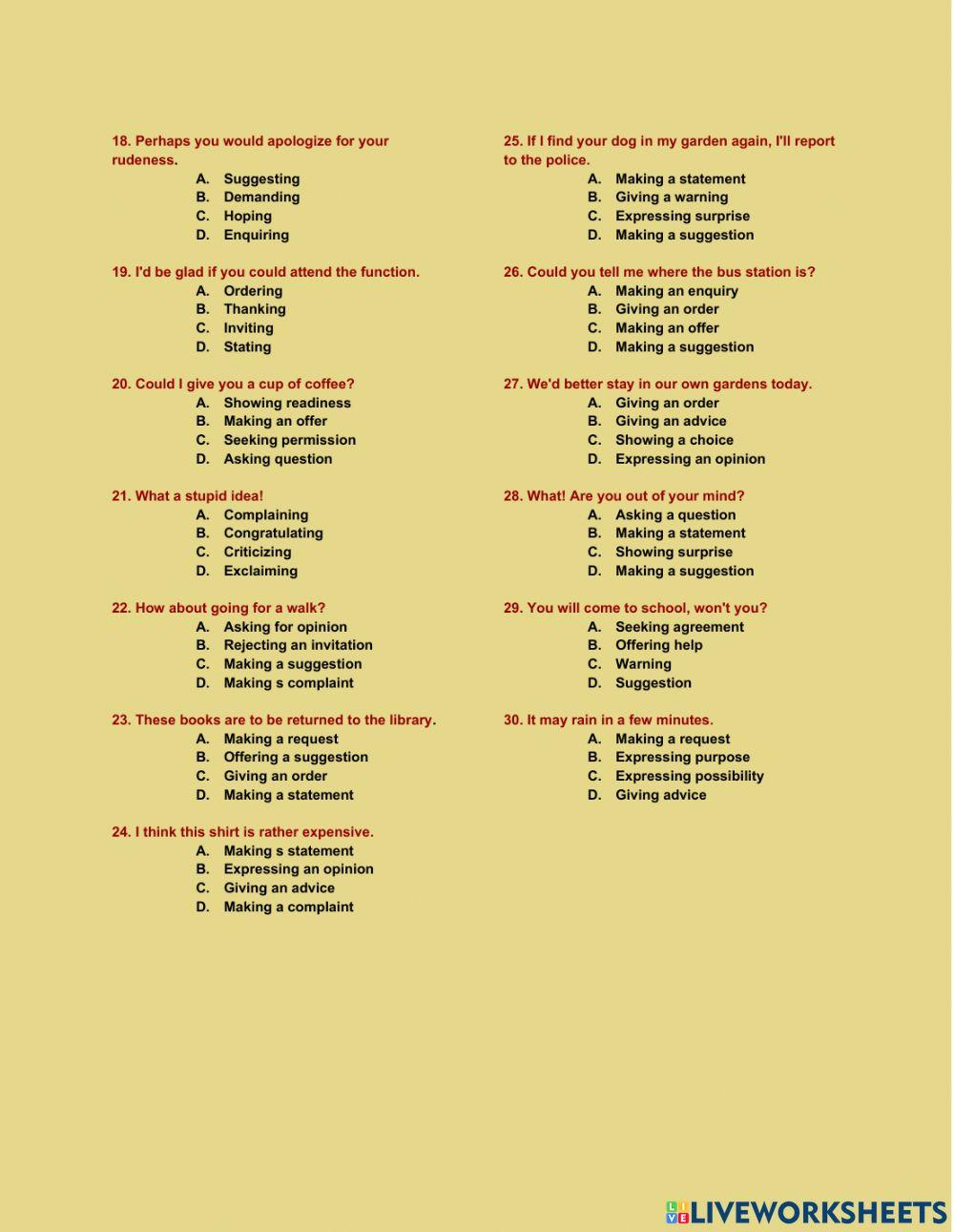 Language Functi… | Free Interactive Worksheets | 1017227