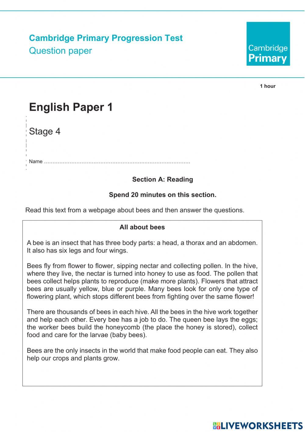 4-grade-English-Paper-1 worksheet | Live Worksheets