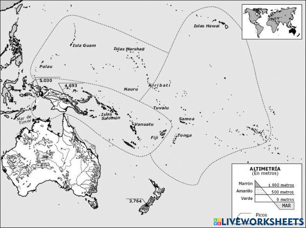 Mapa físico oceanía worksheet | Live Worksheets