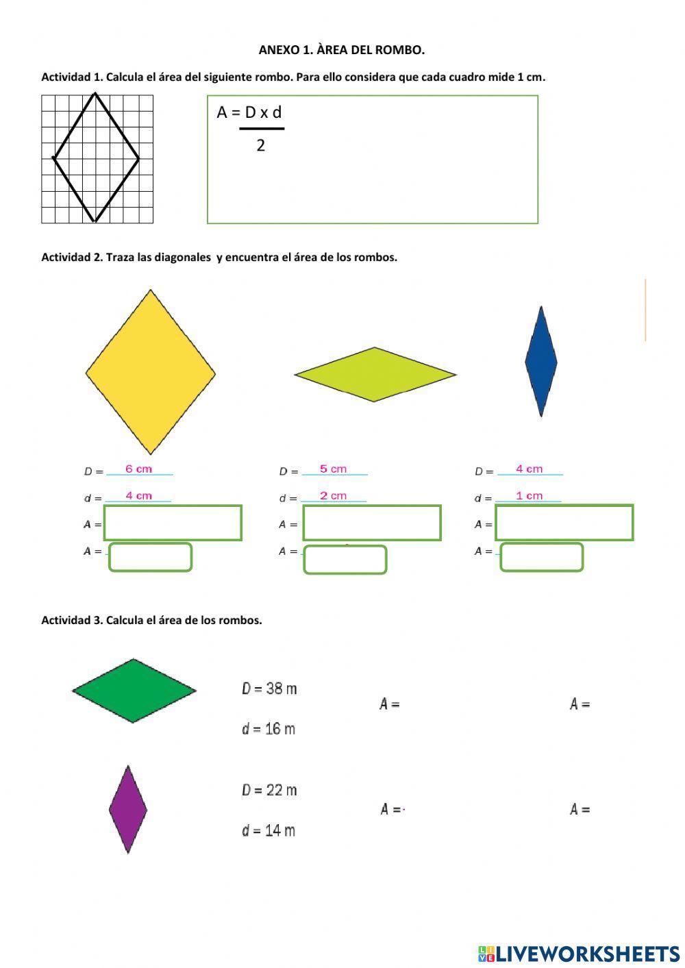 Área de Un Rombo | Free Interactive Worksheets | 1011516