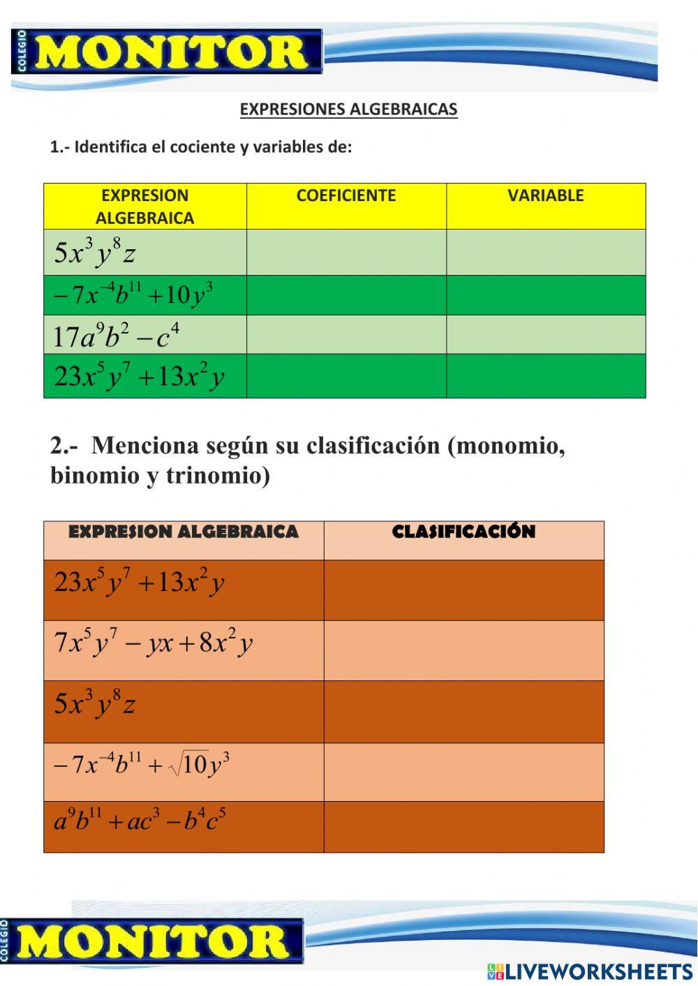 Expresiones alg… | Free Interactive Worksheets | 1012310