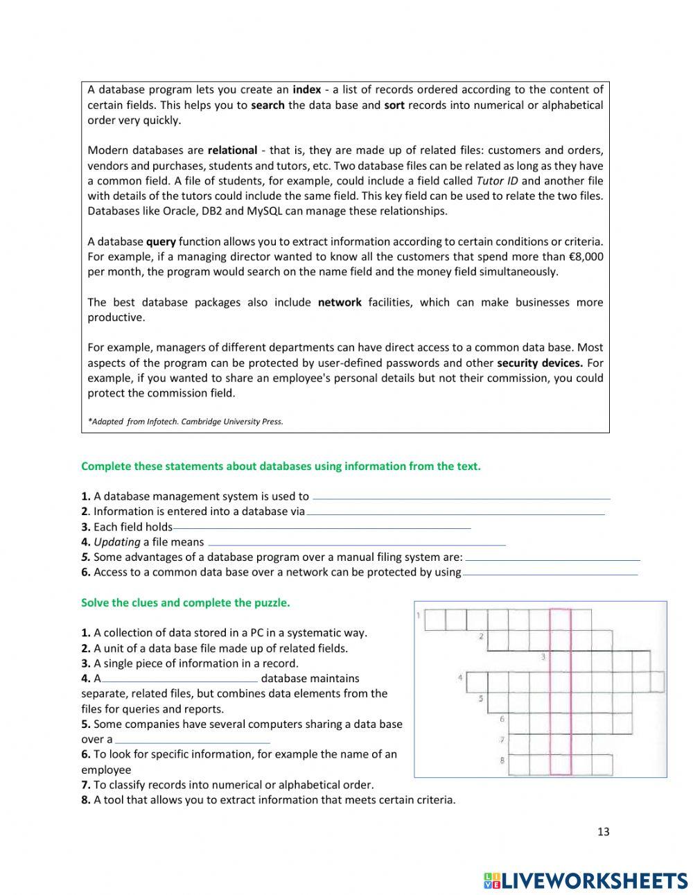 Databases | Free Interactive Worksheets | 1012702