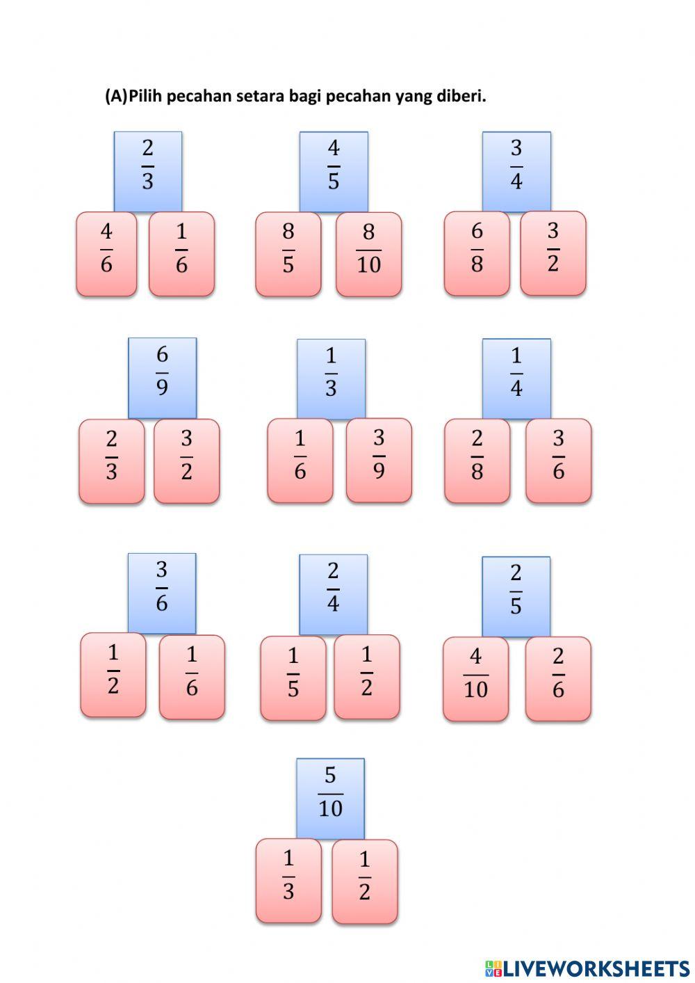 Pecahan Setara | Free Interactive Worksheets | 1012760