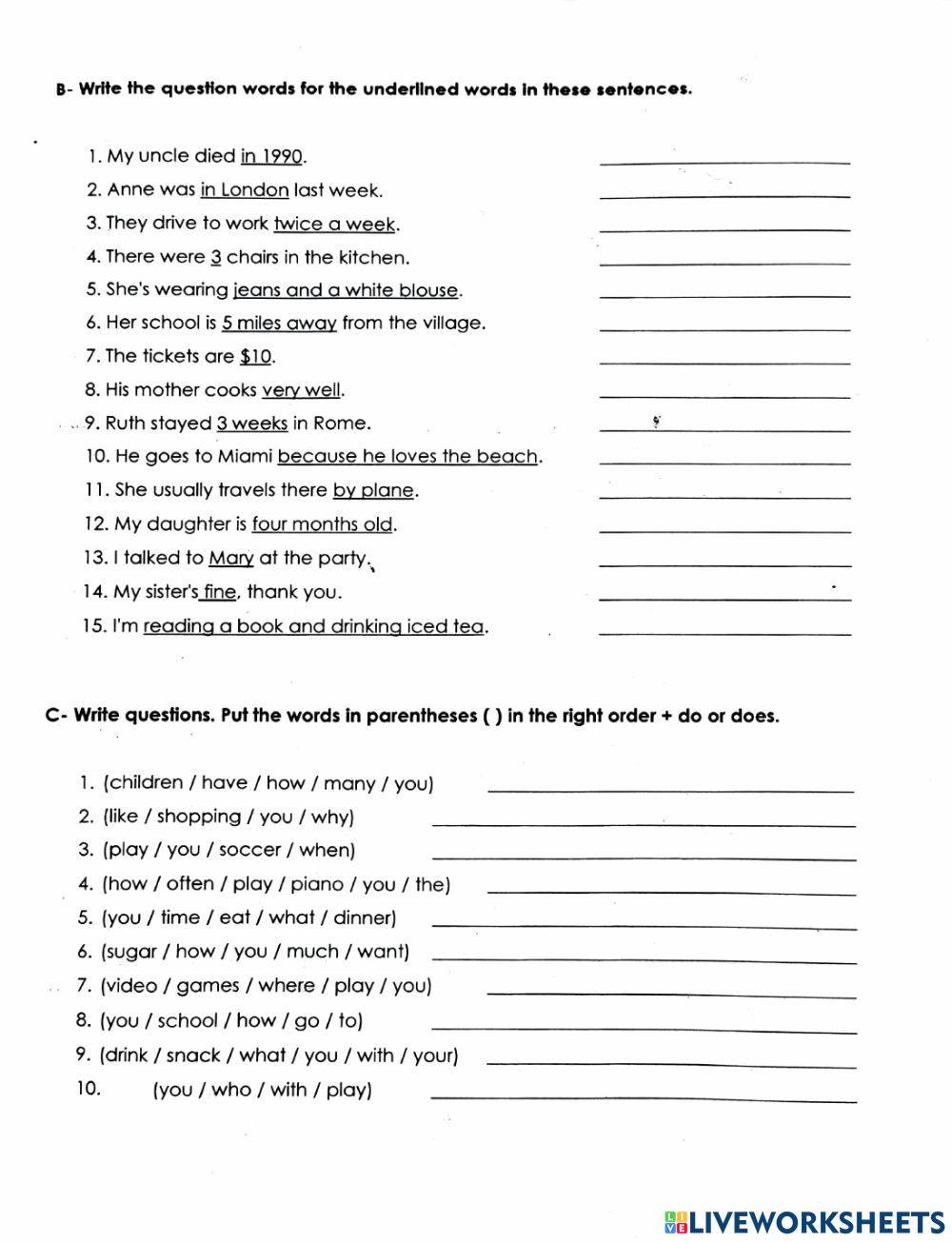 Question words online exercise for | Live Worksheets