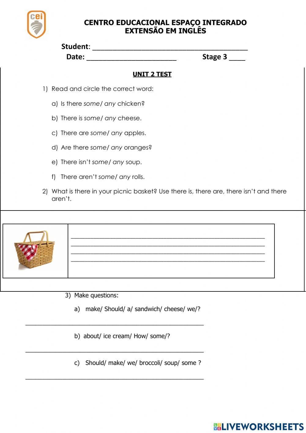 Unit Test online exercise for Stage 3 | Live Worksheets