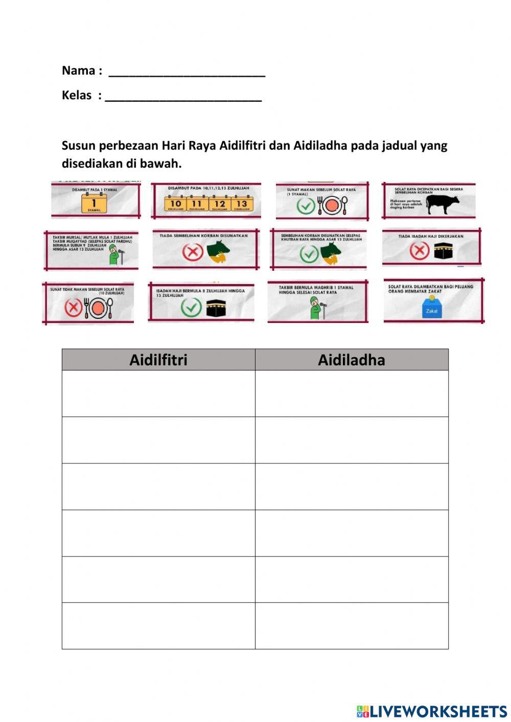 Perbezaan Aidilfitri - Aidiladha online exercise for | Live Worksheets