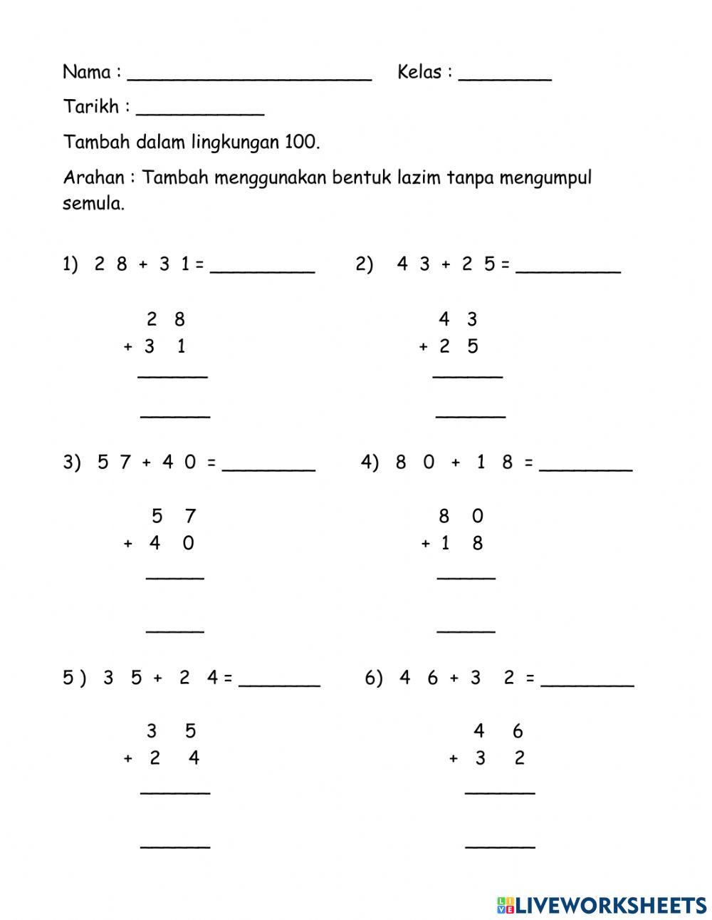 Matematik Pemulihan online exercise | Live Worksheets