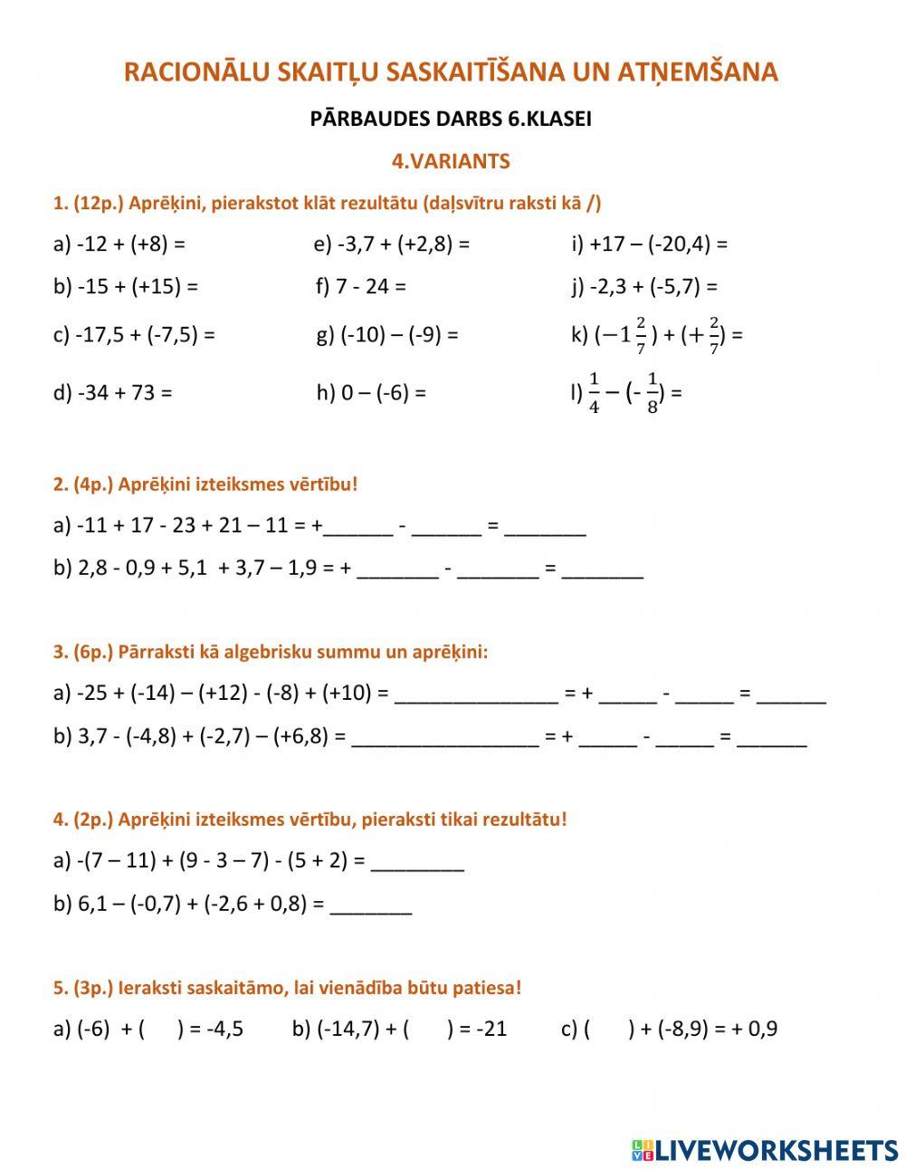 PD 6kl 4var Racionālu skaitļu saskaitīšana un atņemšana. online ...