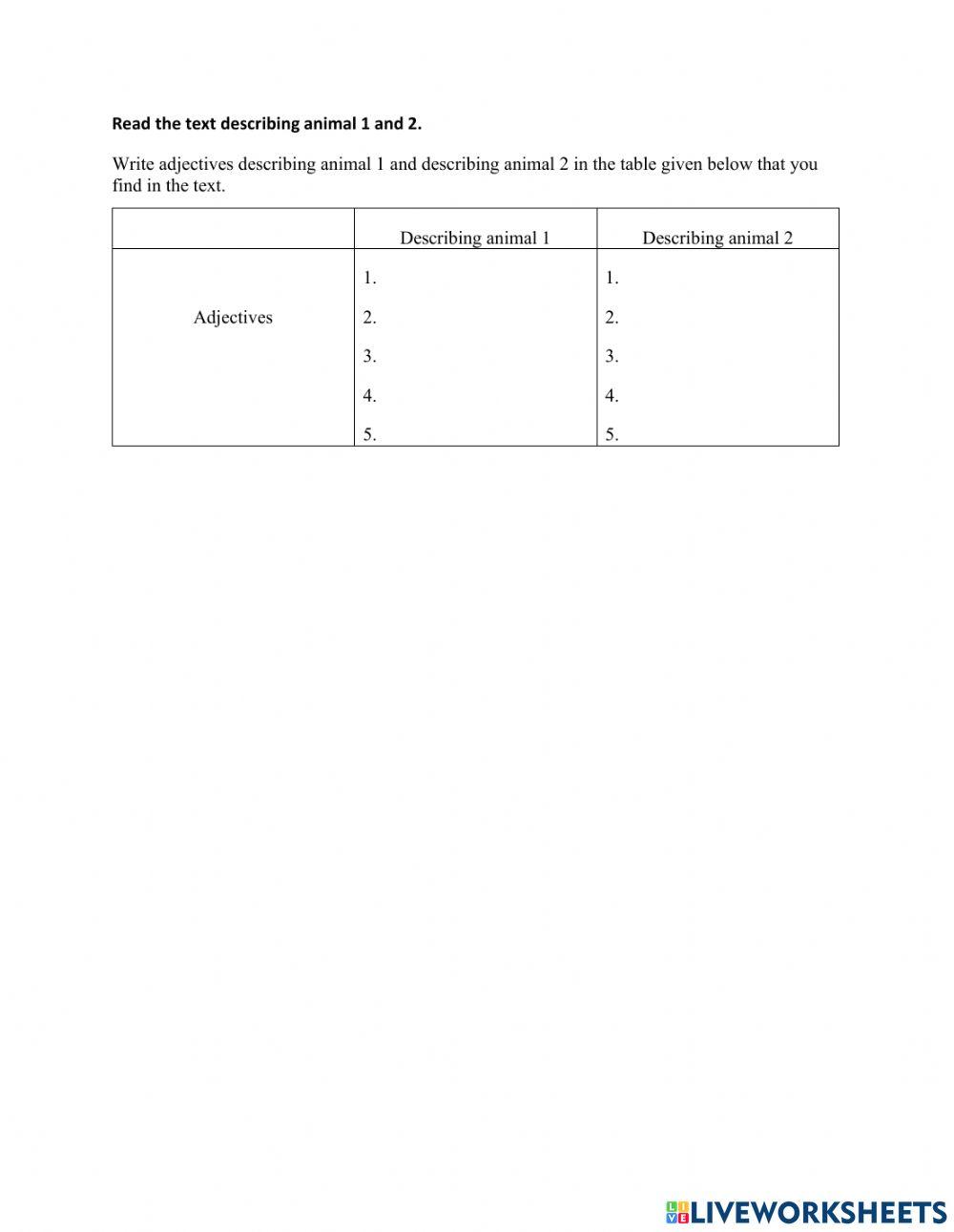 Describing anim… | Free Interactive Worksheets | 1014741