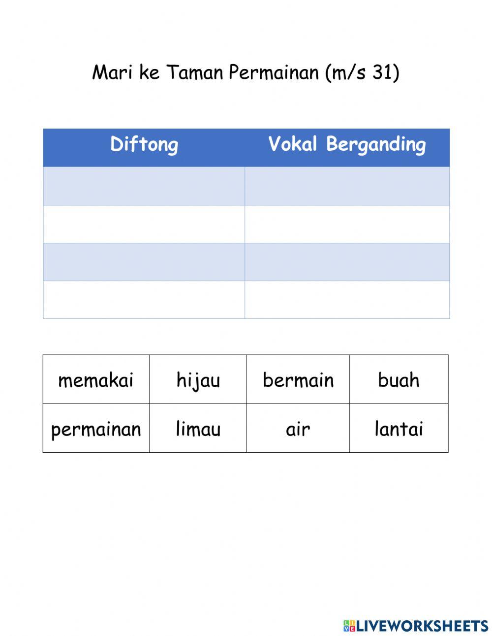 Dftong dan vokal berganding worksheet | Live Worksheets