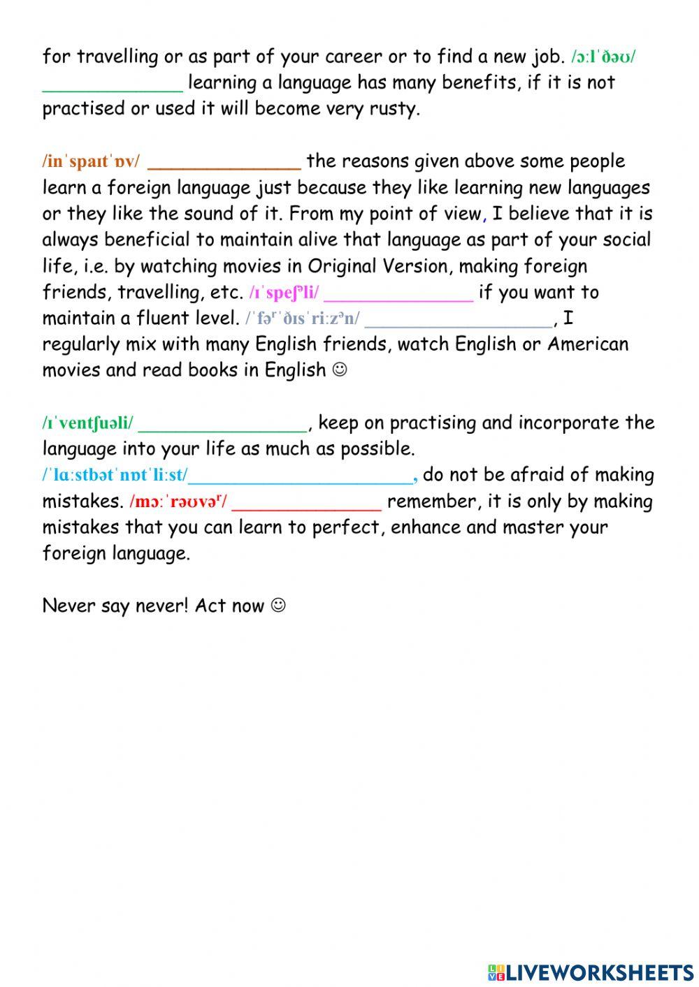 Linking words interactive worksheet for ADVANCED | Live Worksheets