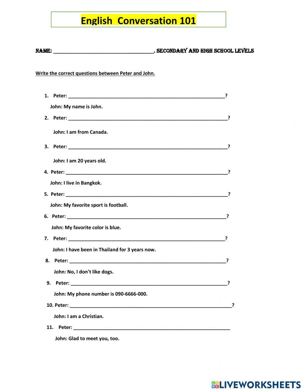 Conversation interactive exercise for Grade 8-12 | Live Worksheets