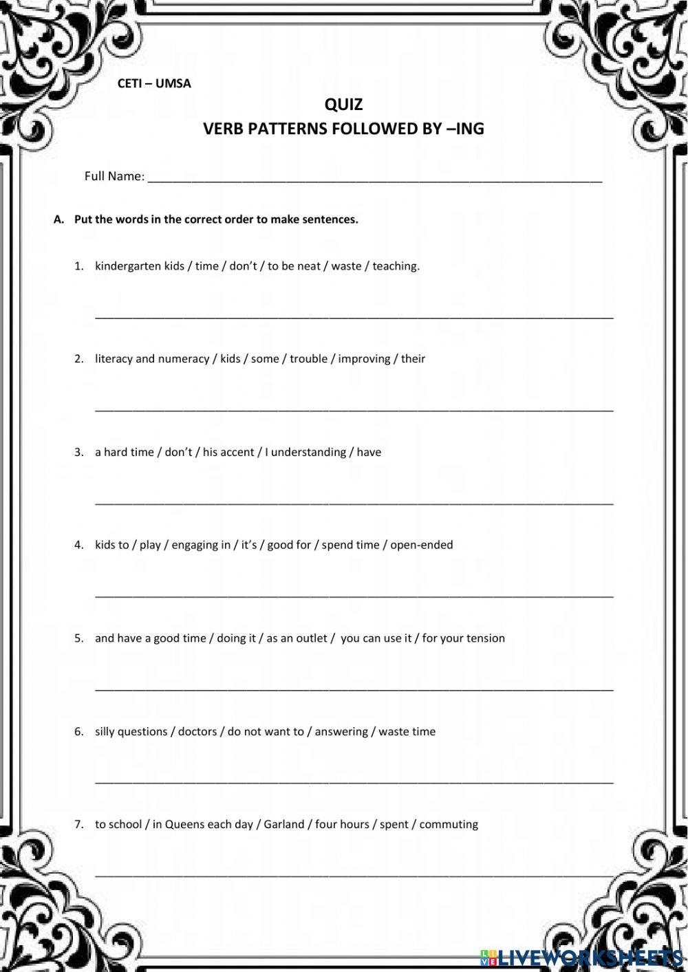 Verb patterns and ing worksheet | Live Worksheets