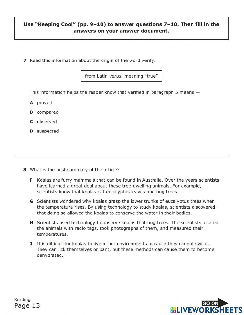ELA Keeping Cool 1015913 | abivens | Live Worksheets