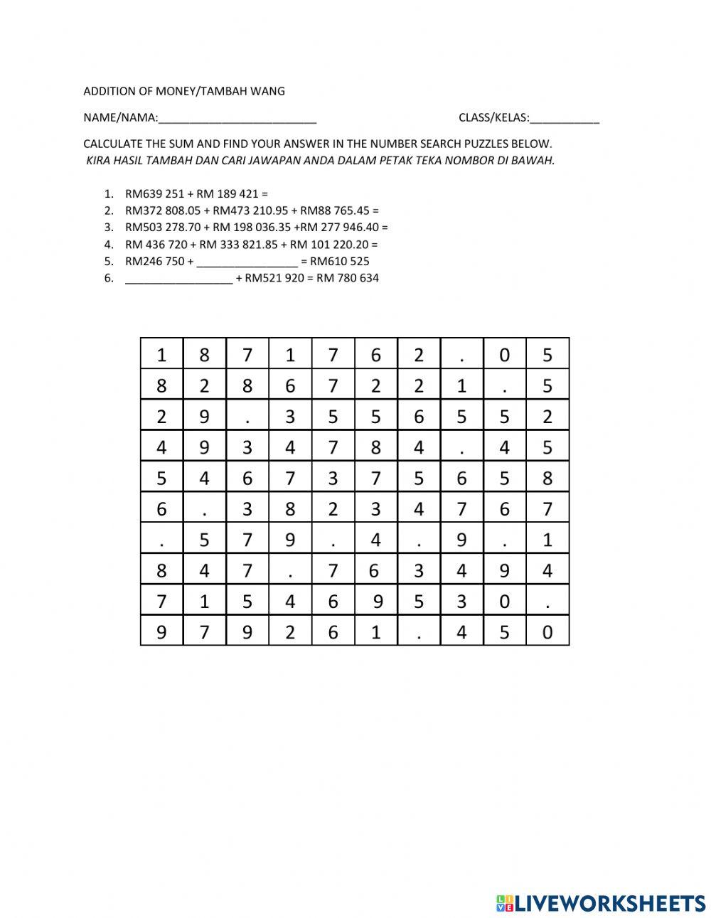 Money online exercise for year : 5 | Live Worksheets