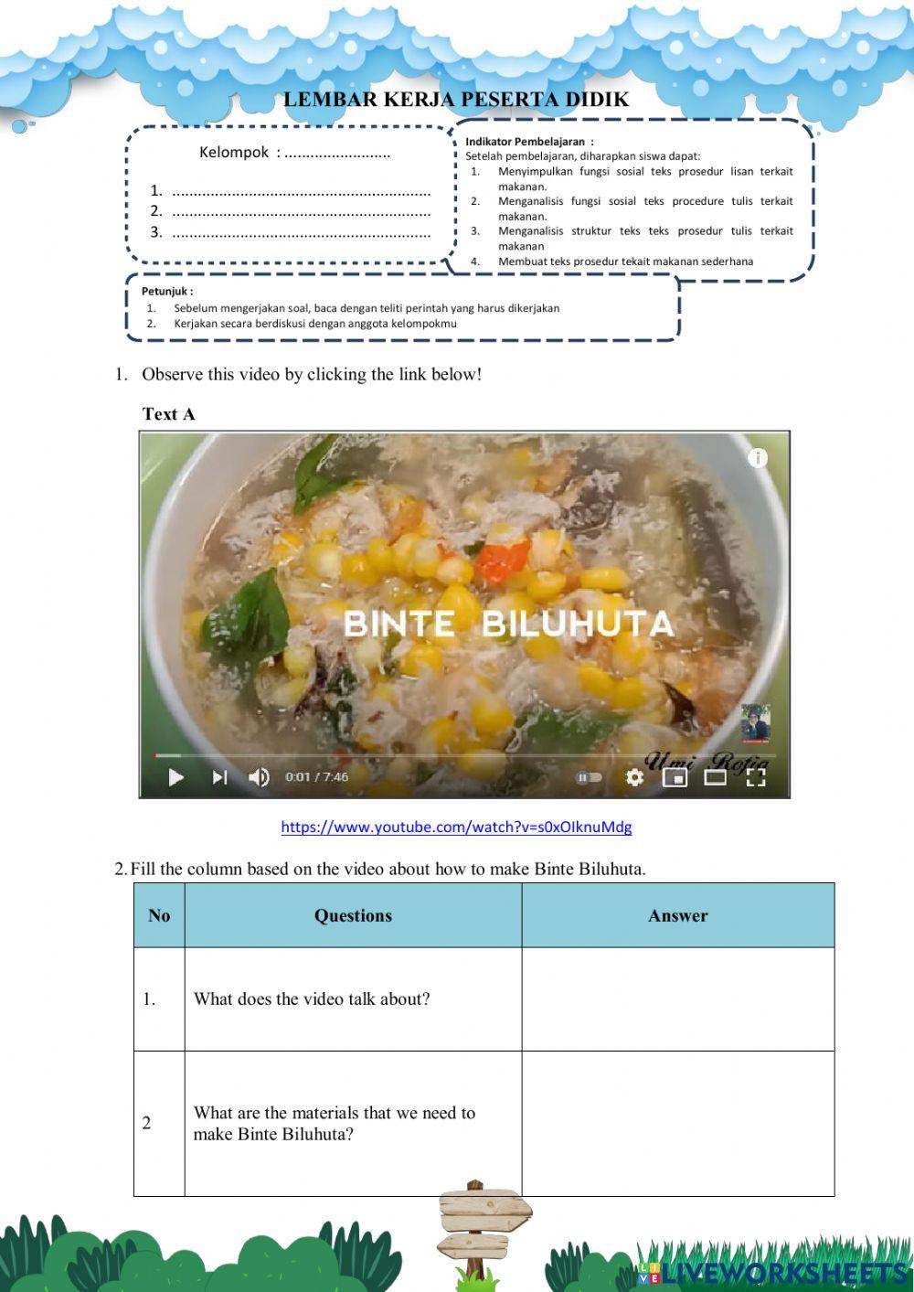 LKPD PROCEDURE TEXT (RECIPE) online exercise for | Live Worksheets