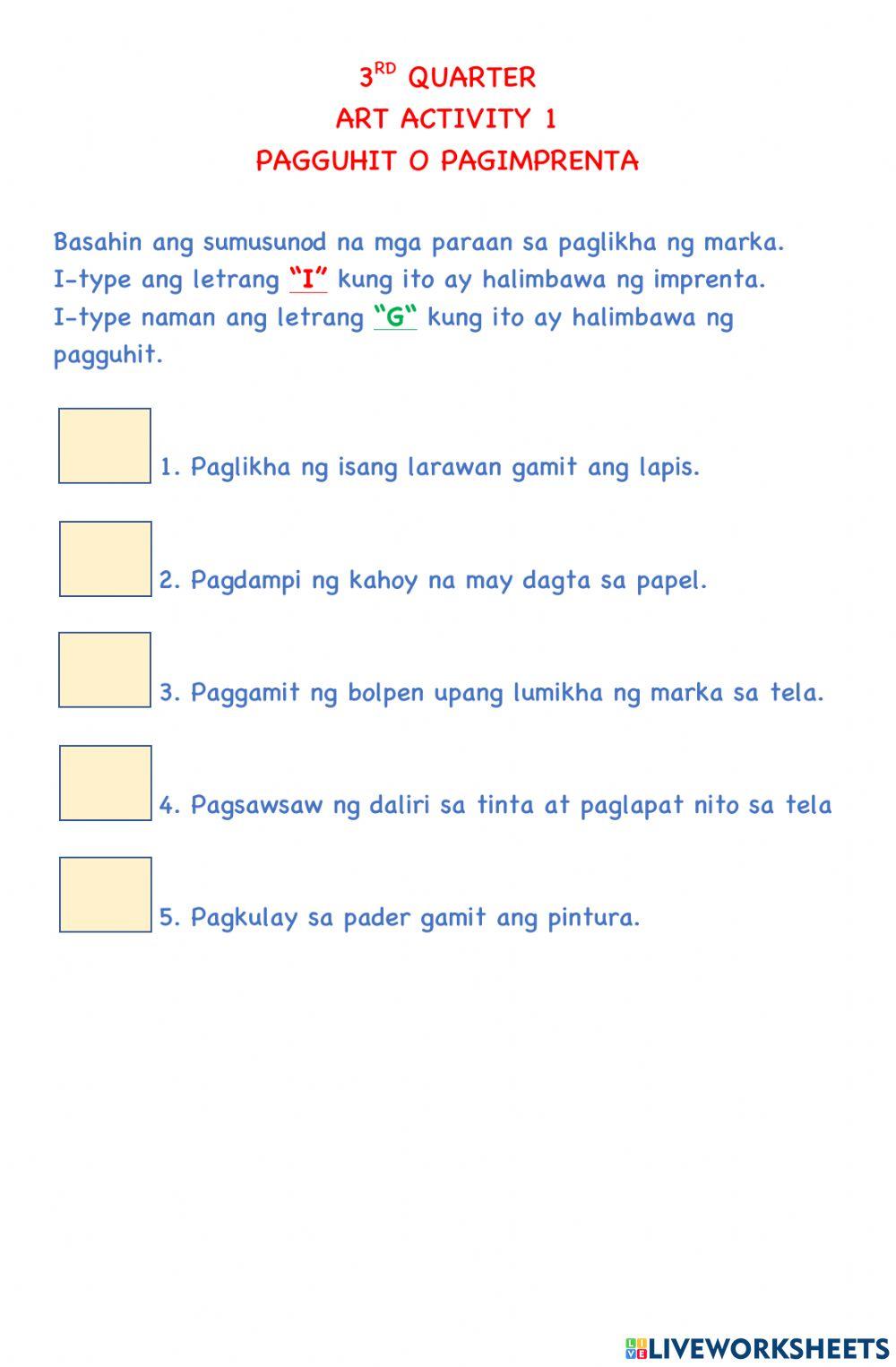 Art Activity 1 worksheet | Live Worksheets