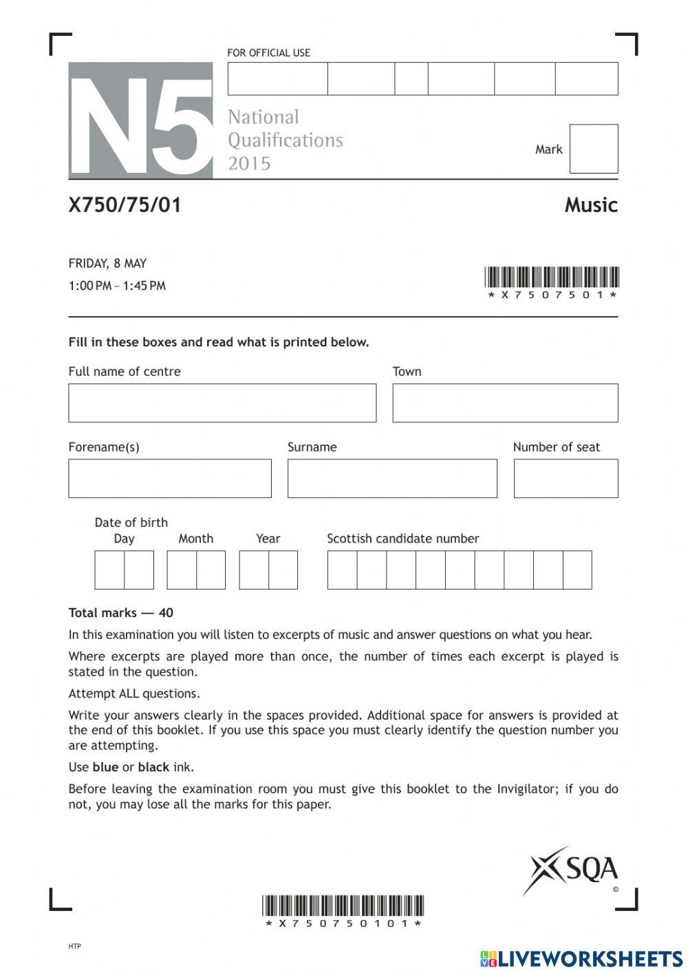 N5 Music 2015 P… | Free Interactive Worksheets | 971107